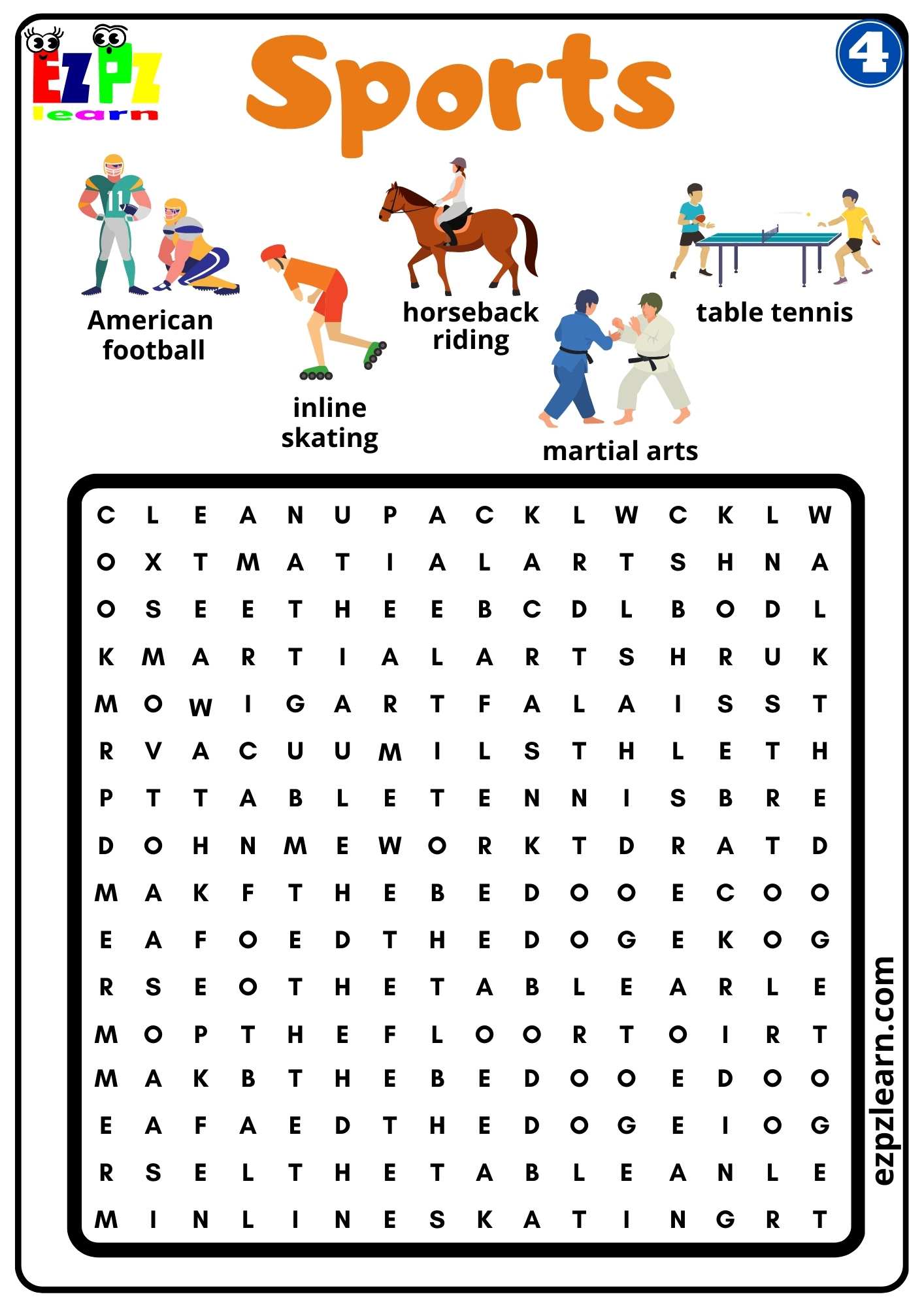 Group 4 Sports Word Search Worksheet for K5 and ESL Students PDF Download - Ezpzlearn.com
